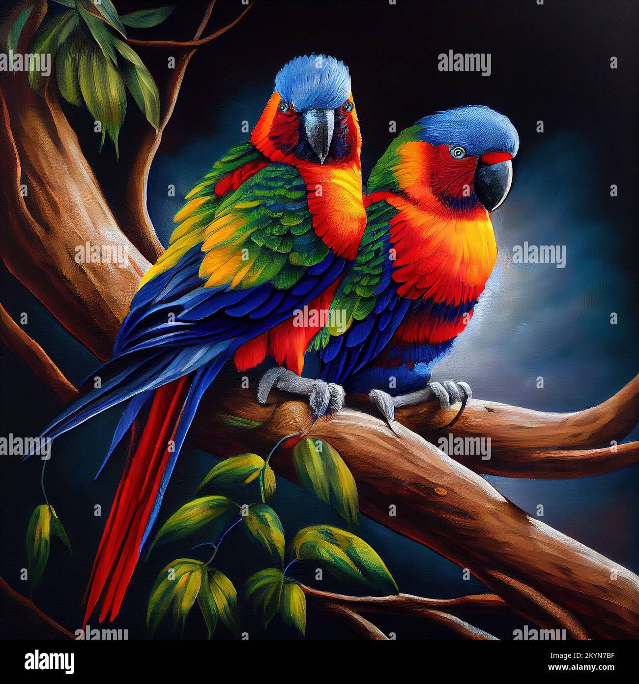 A digitaly generated painting of two colorful parrots sitting on a tree ...