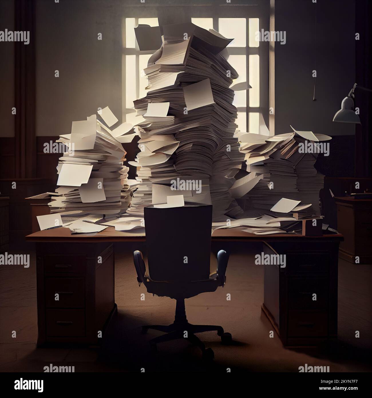 An office desk and chair with stacks of paper. Bureaucracy or stress ...
