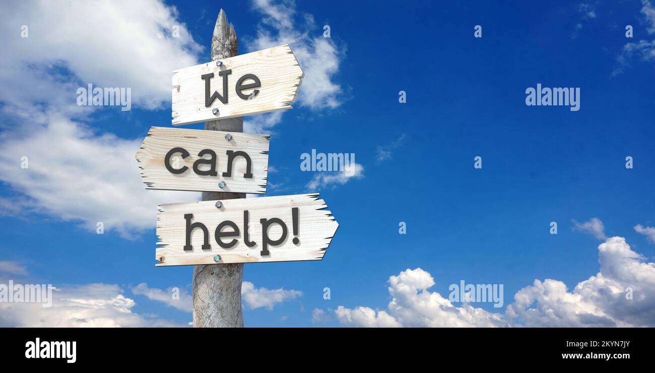 We can help - wooden signpost with three arrows Stock Photo - Alamy