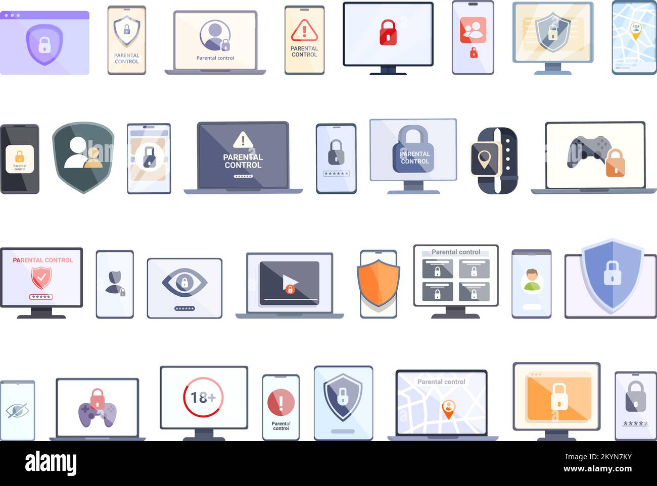 Parental control icons set cartoon vector. Family app. Internet child ...