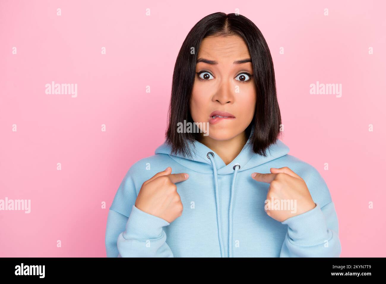 Photo of anxious embarrassed pretty lady direct hands herself disagree ...