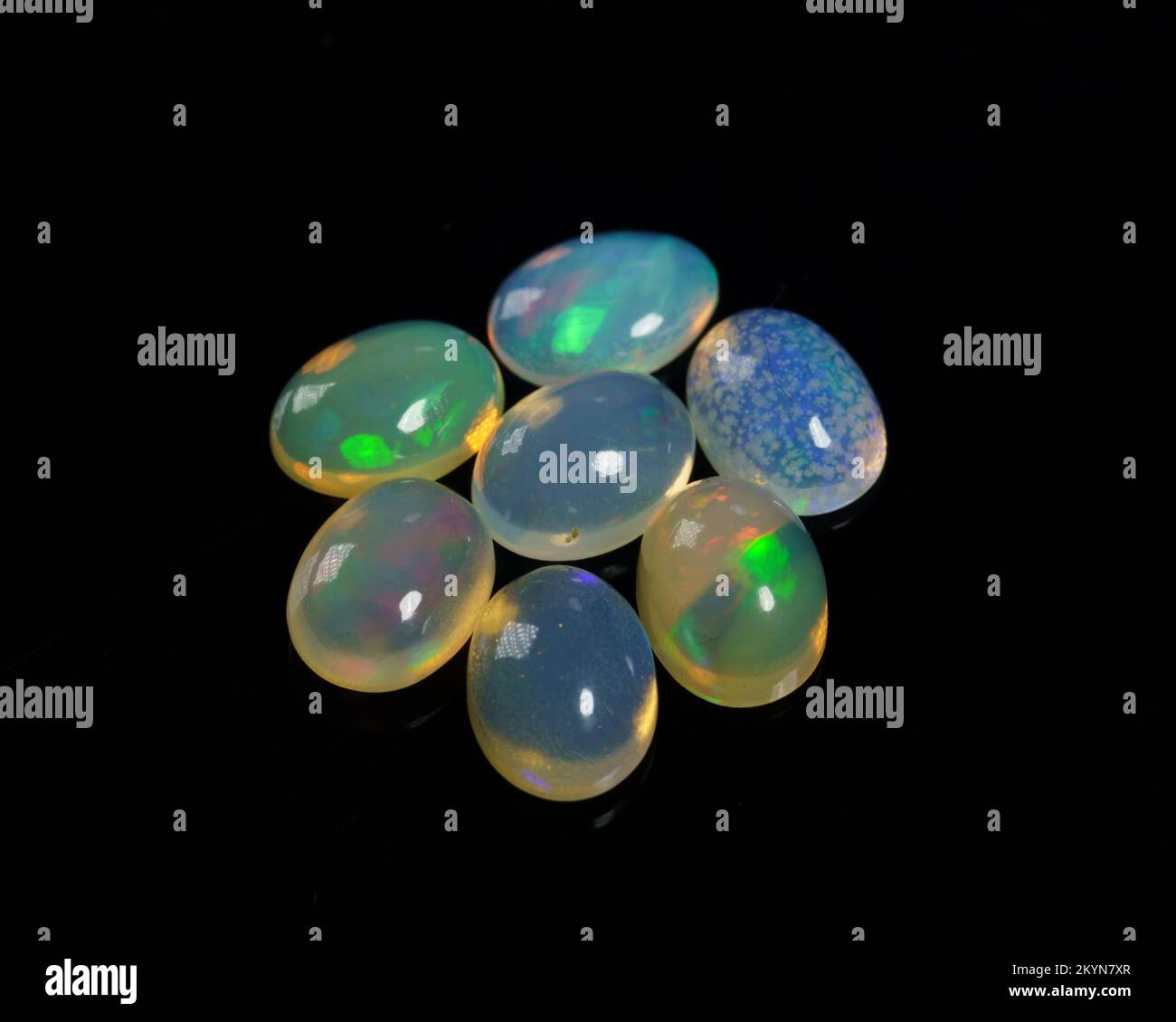 Natural noble opal on a black background. Noble opals are dark gray ...