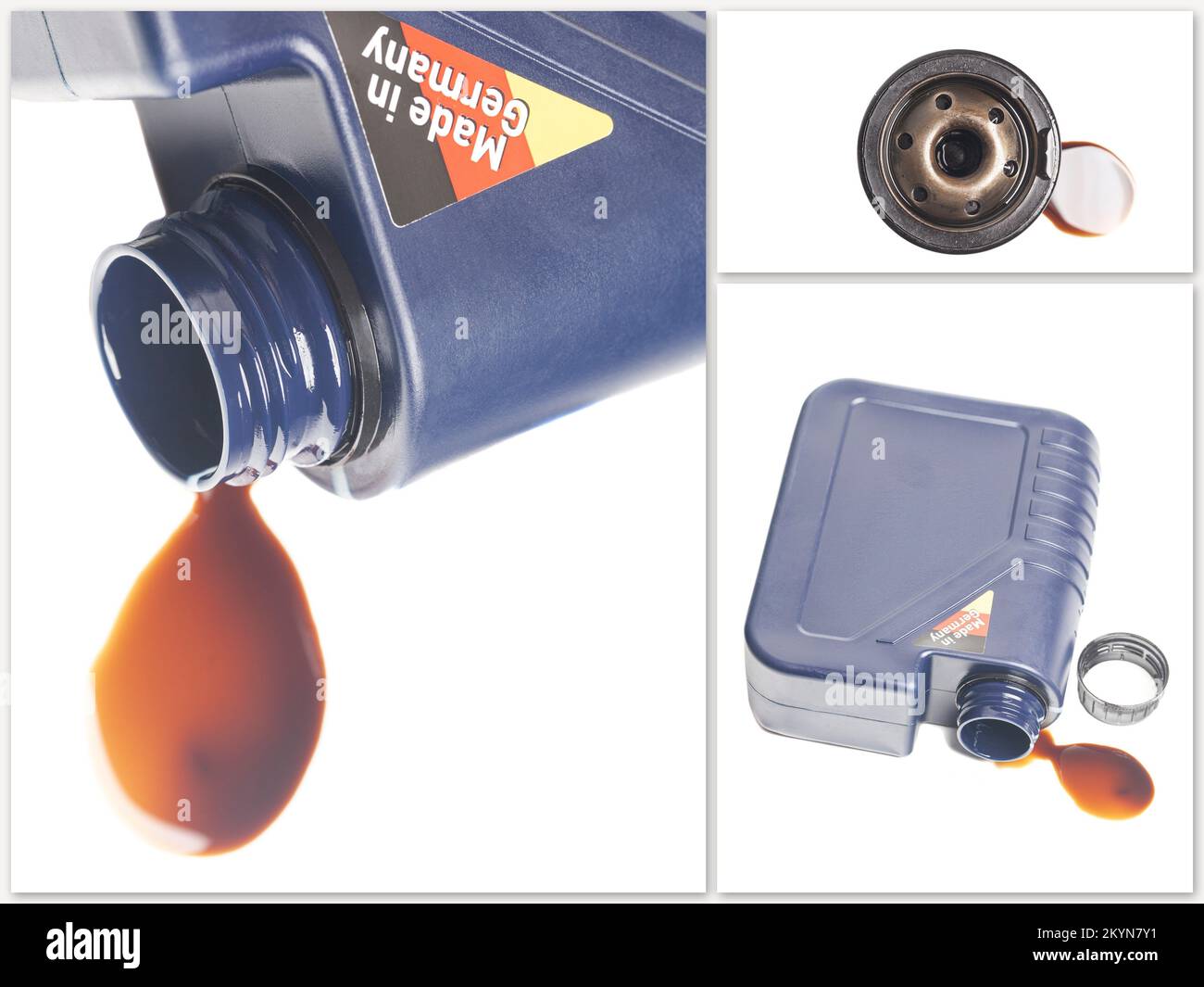 Collage with open engine oil bottle with a puddle of engine oil ...
