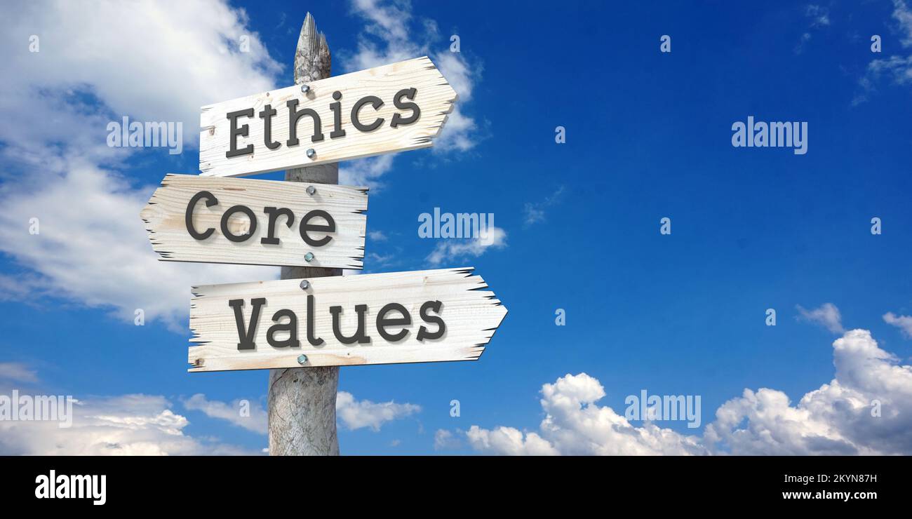 Ethics, core values - wooden signpost with three arrows Stock Photo - Alamy