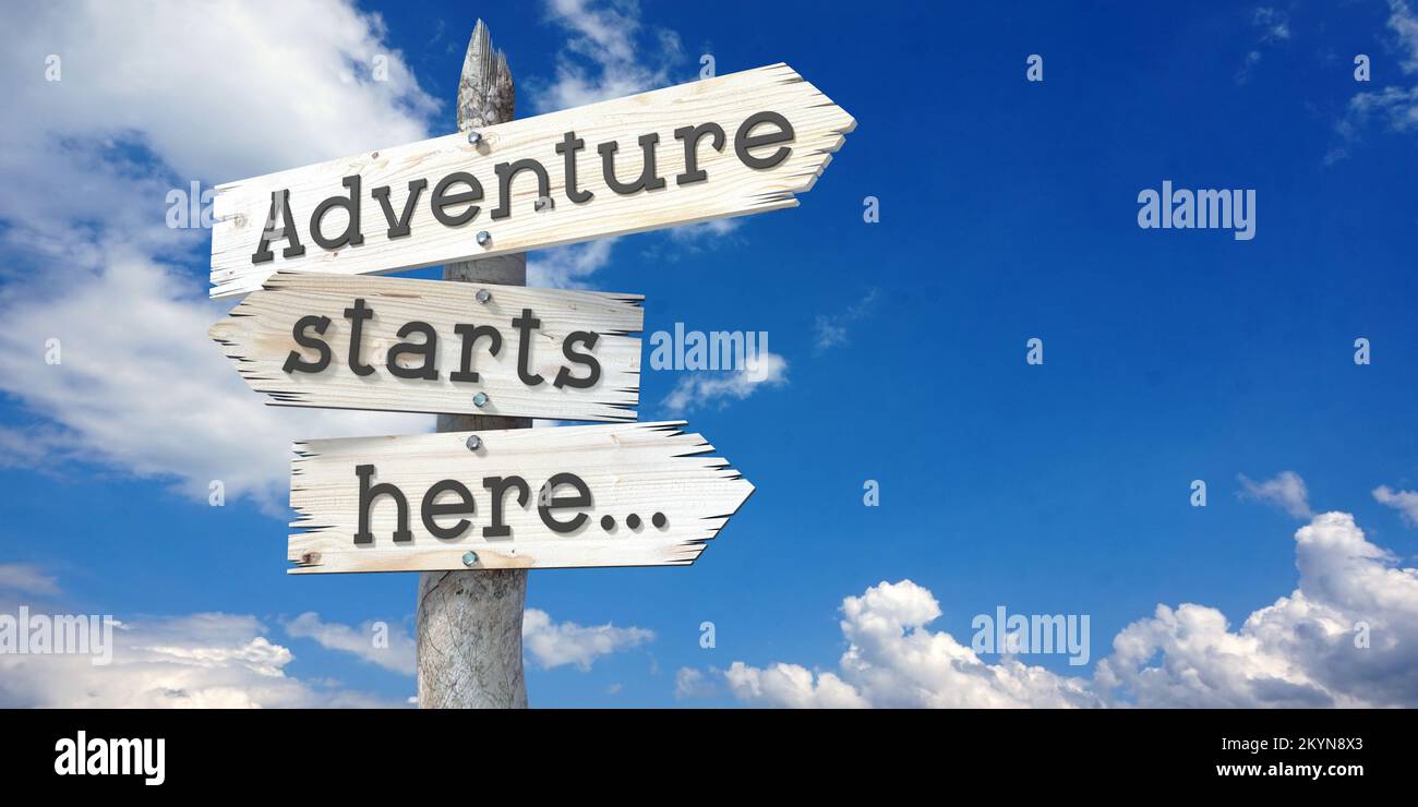 Adventure starts here - wooden signpost with three arrows Stock Photo ...