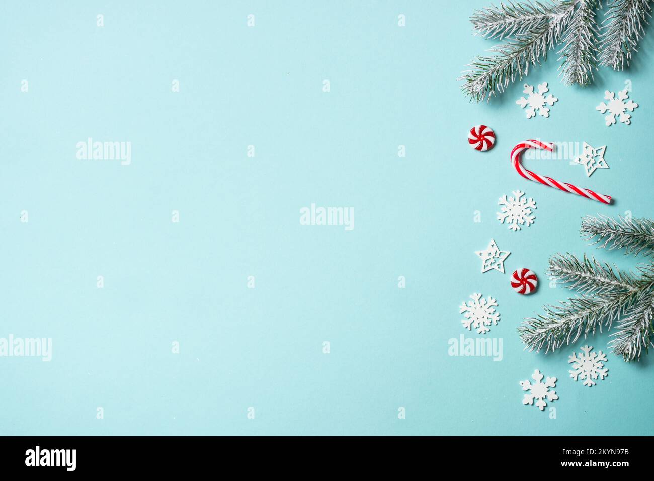 Christmas composition with holiday decorations on blue Stock Photo - Alamy