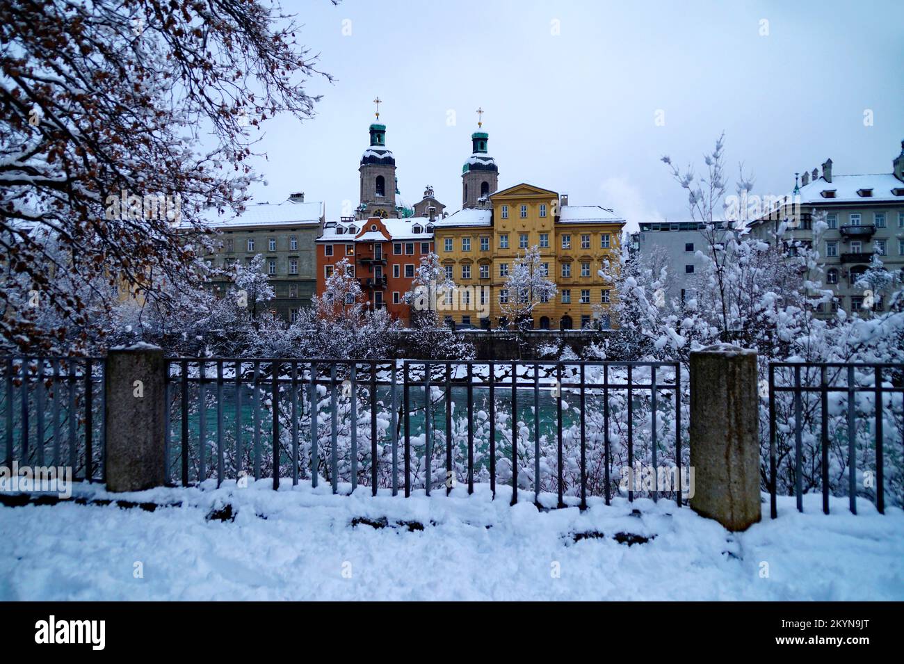 scenic wintery Innsbruck with its majestic Innsbruck Cathedral, also ...
