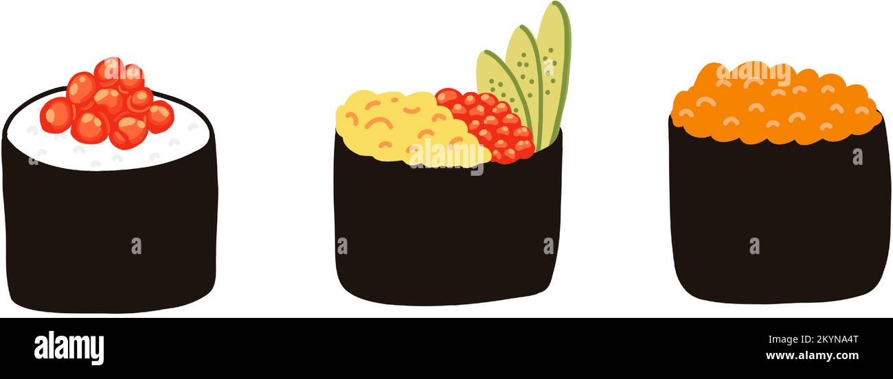 Gunkan sushi set with red caviar in cartoon flat style. Hand drawn ...