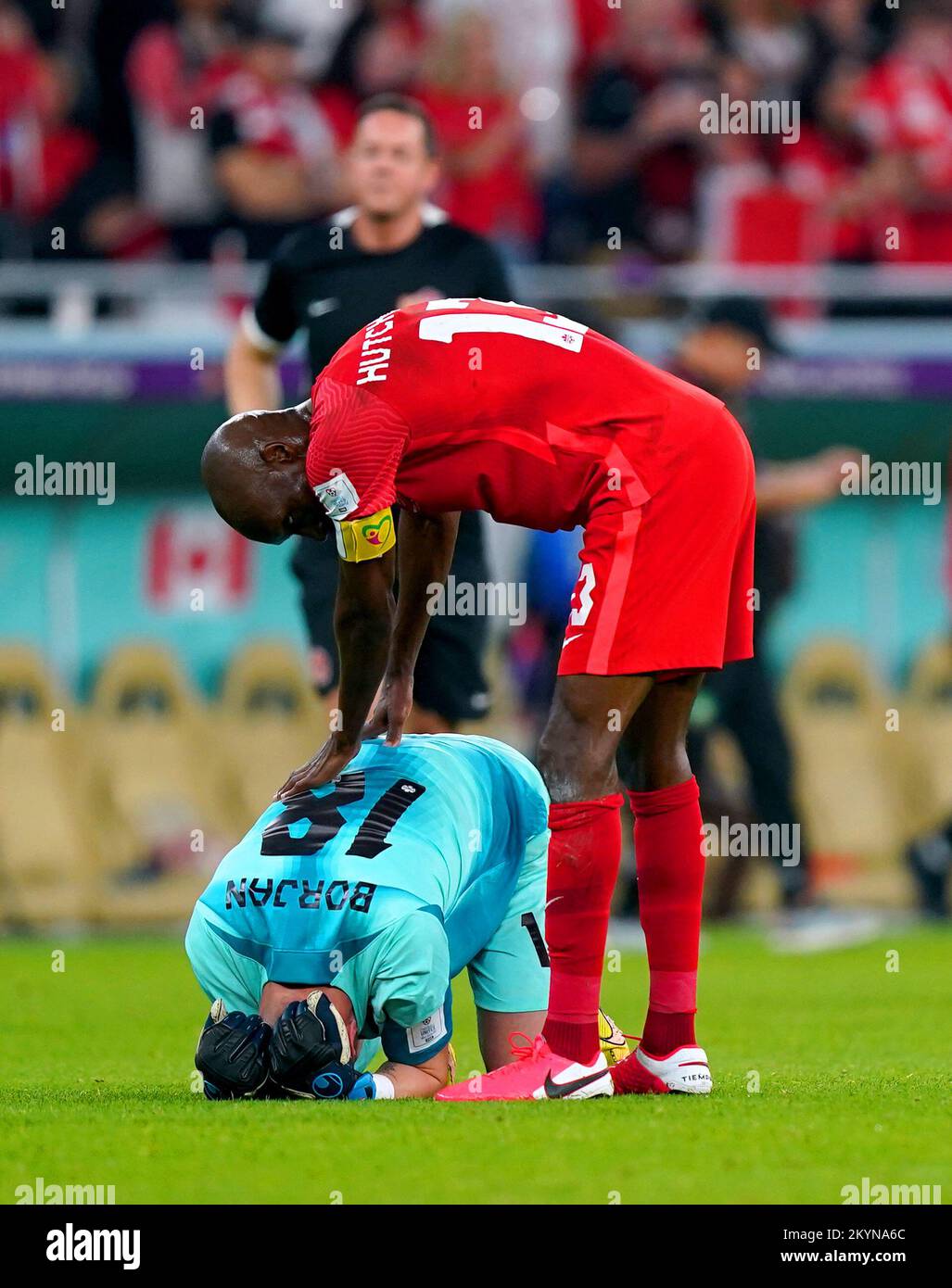 Canada's Atiba Hutchinson consoles goalkeeper Milan Borjan at the end ...