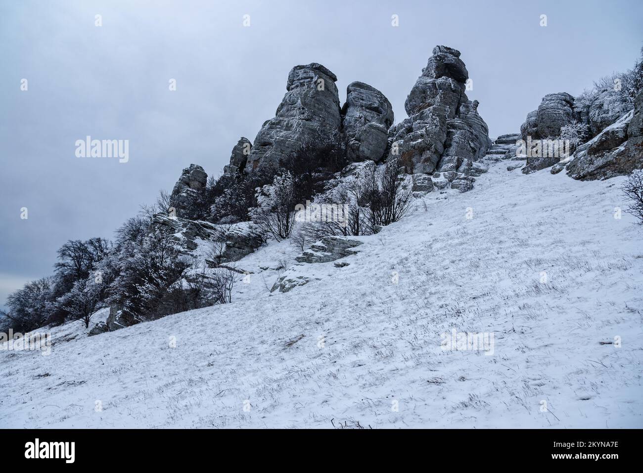 Mount Alenga near Southern Demerdzhi in snow and ice in early spring ...