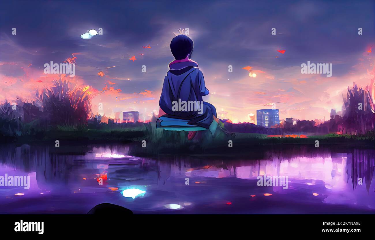 Anime boy dreaming at night Stock Photo - Alamy