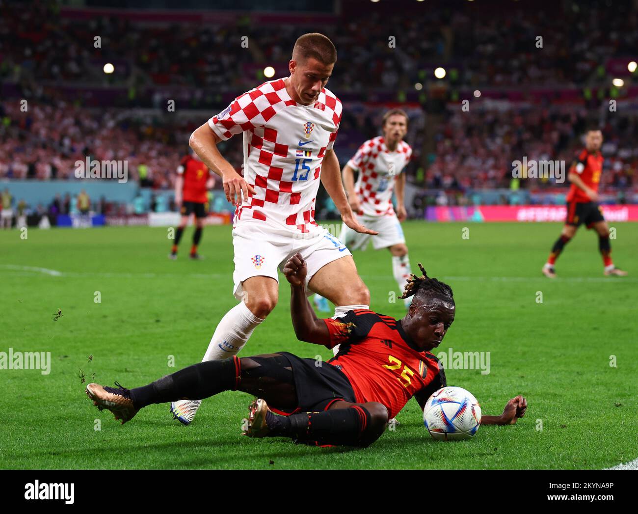 Al Rayyan, Qatar, 1st December 2022. Mario Pasalic of Croatia tackles ...