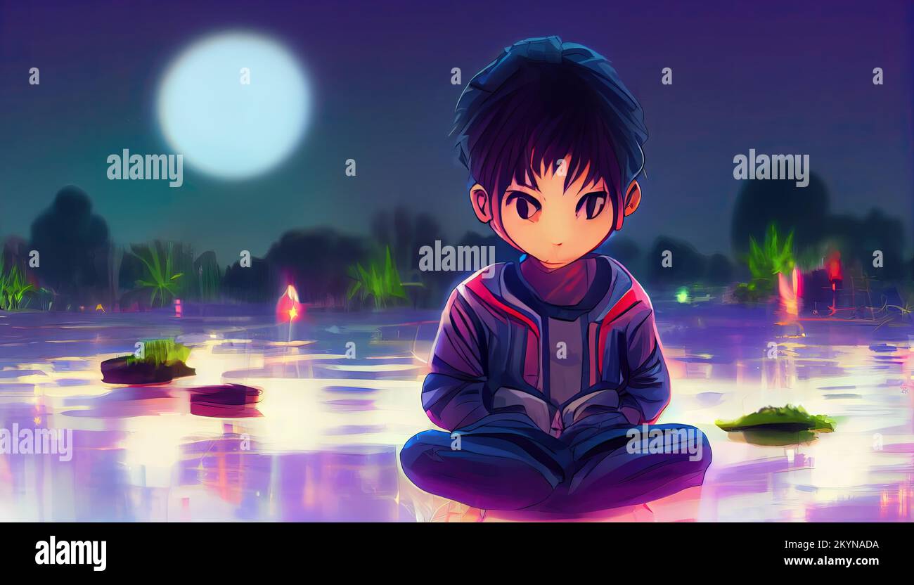 Anime boy dreaming at night Stock Photo - Alamy