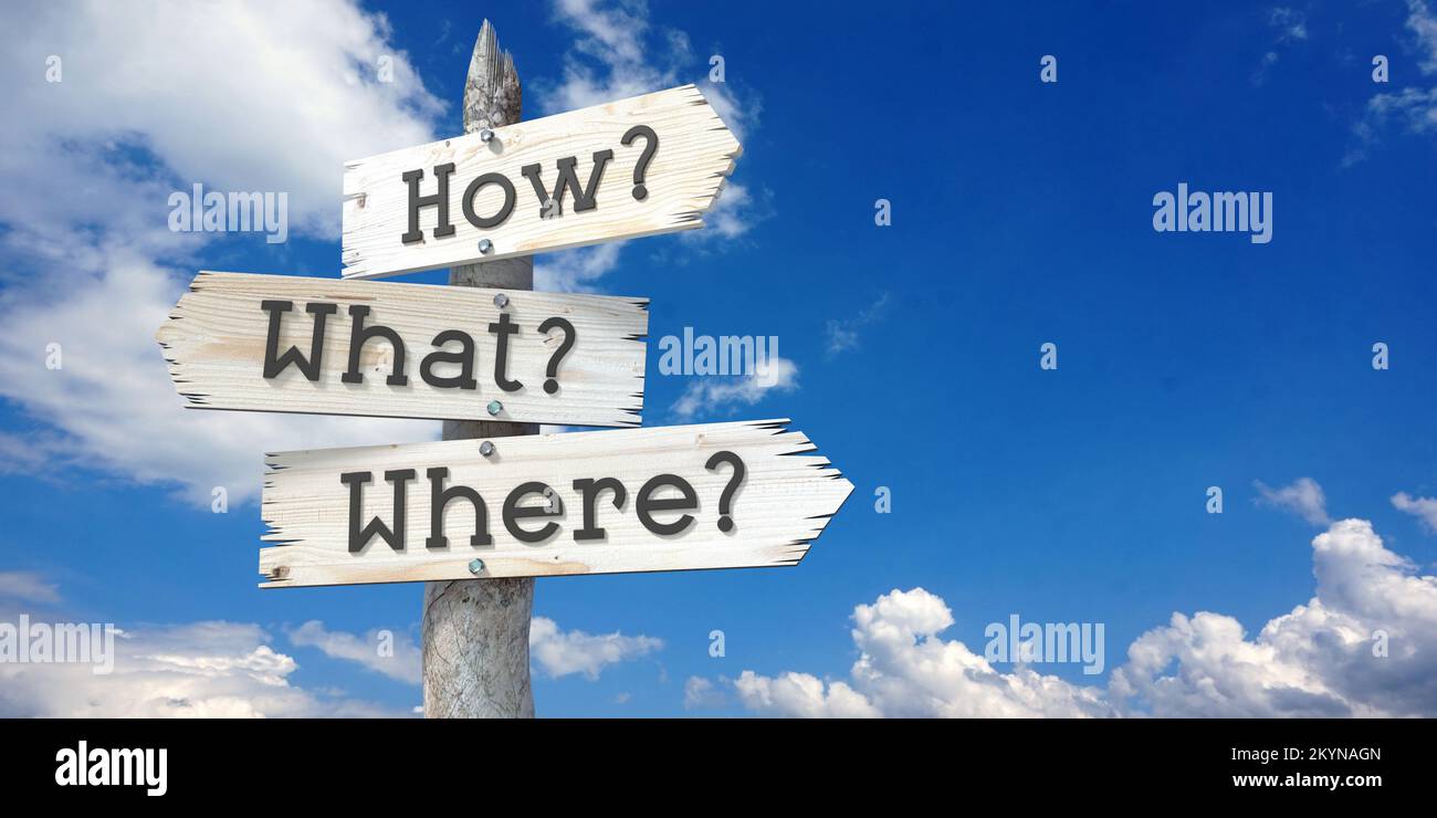 How, what, where - wooden signpost with three arrows Stock Photo - Alamy
