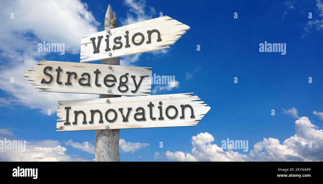 Vision, strategy, innovation - wooden signpost with three arrows Stock ...