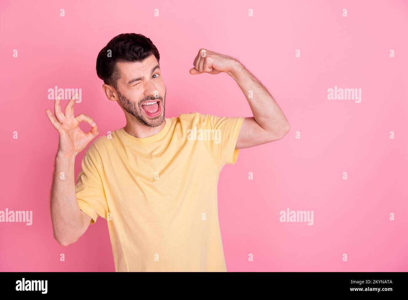 Portrait of positive optimistic man stylish haircut yellow t-shirt ...