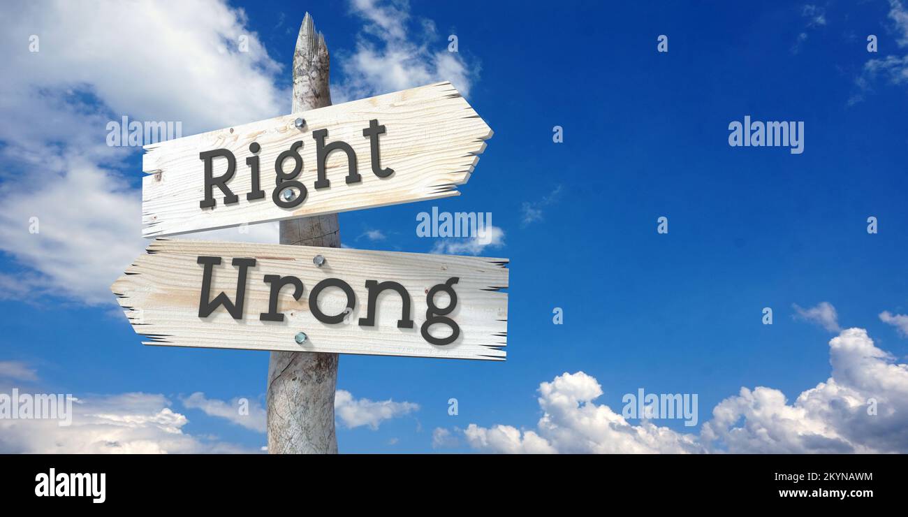 Right and wrong - wooden signpost with two arrows Stock Photo - Alamy