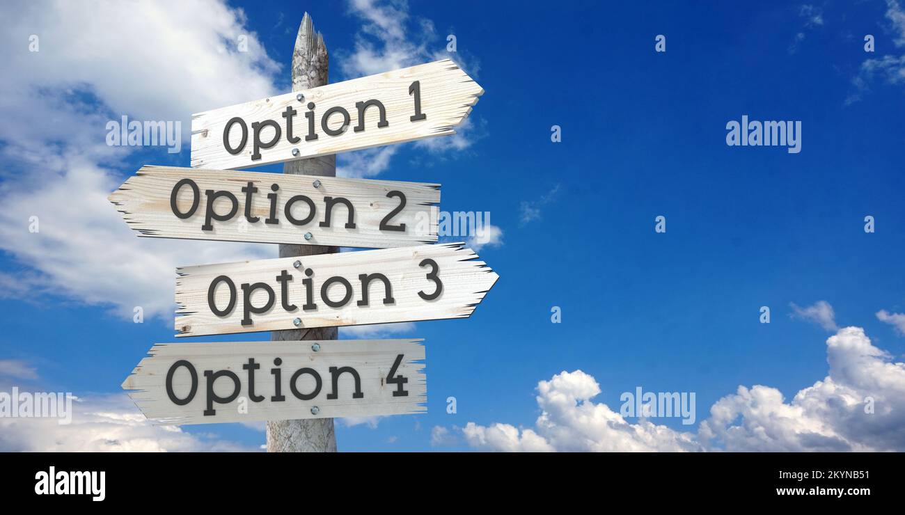 Options 1, 2, 3, 4 - wooden signpost with four arrows Stock Photo - Alamy