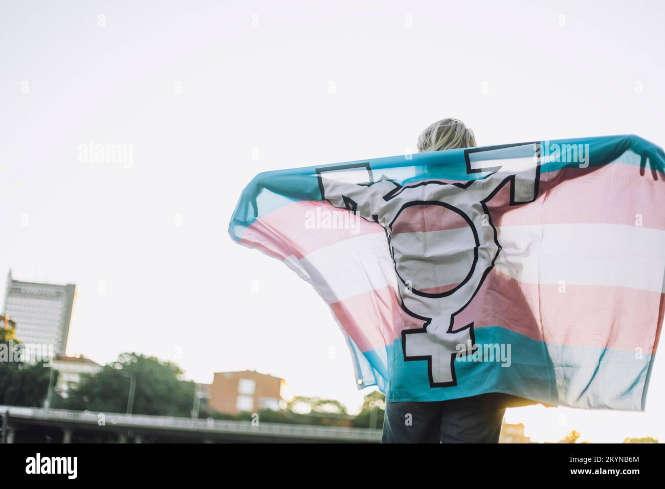 Rear view of non-binary person standing with LGBTQIA flag against clear ...