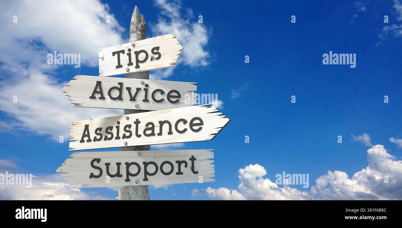 Tips, advice, assistance, support - wooden signpost with four arrows ... Tips, advice, assistance, support - wooden signpost with four arrows ...