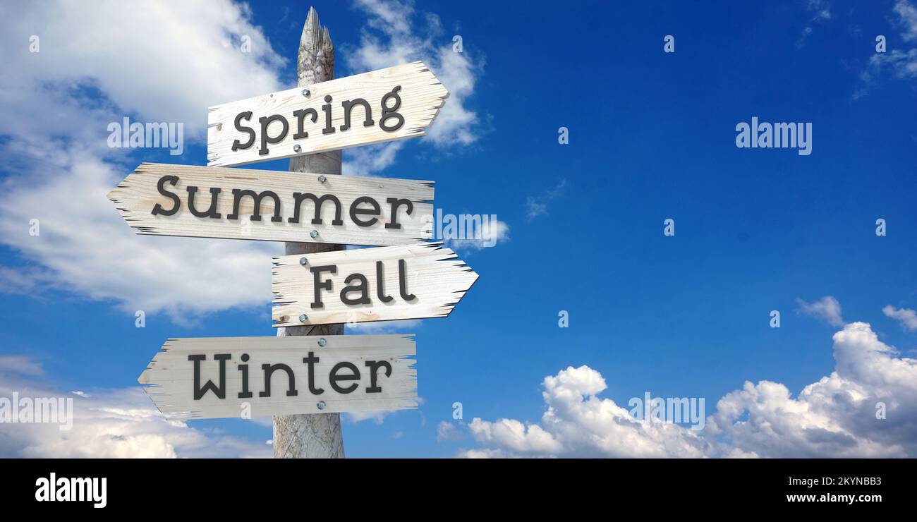 Spring, Summer, Fall, Winter - wooden signpost with four arrows Stock ...