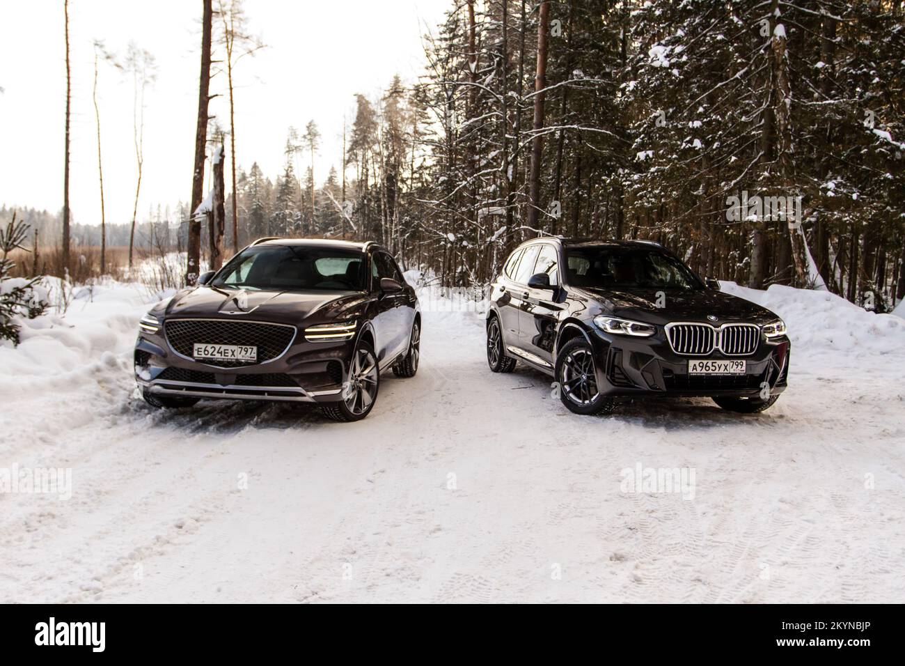 MOSCOW, RUSSIA - FEBRUARY 05, 2022 Genesis GV70 (JK1) and BMW X3 (G01 ...