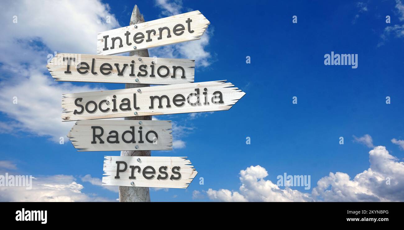 Internet, television, social media, radio, press - wooden signpost with ...