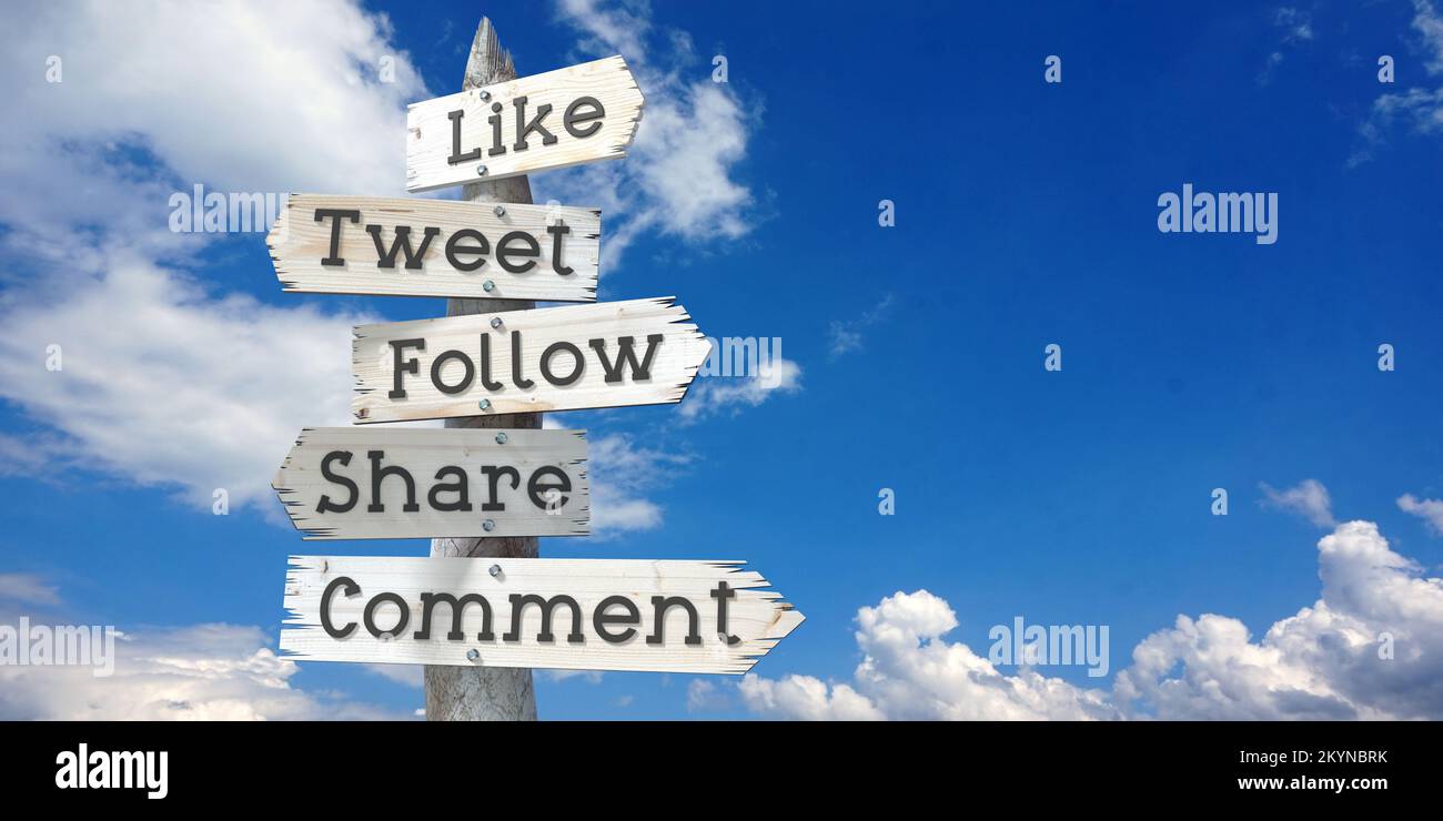 Like, tweet, follow, share, comment - wooden signpost with five arrows ...