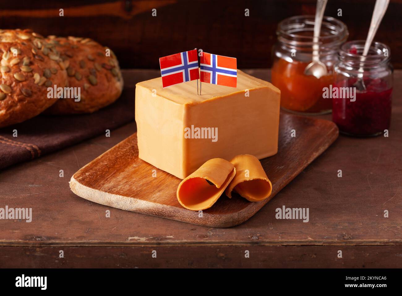 Norwegian brunost traditional brown cheese Stock Photo - Alamy