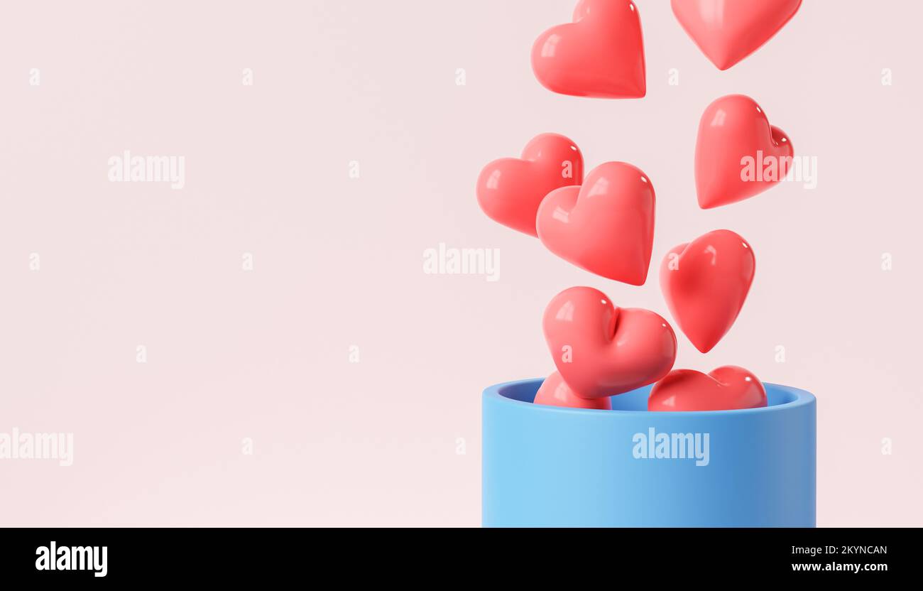 3d rendering of hearts falling into a hole with pastel colors and text ...