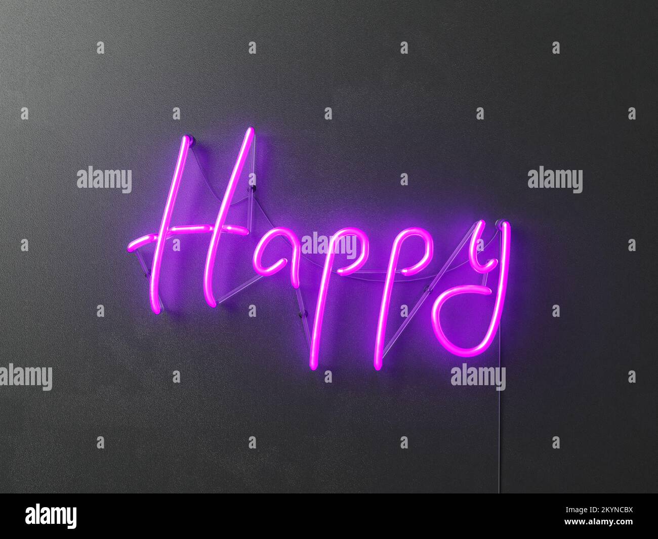 3d rendering of a purple neon sign with the word Happy on dark wall ...