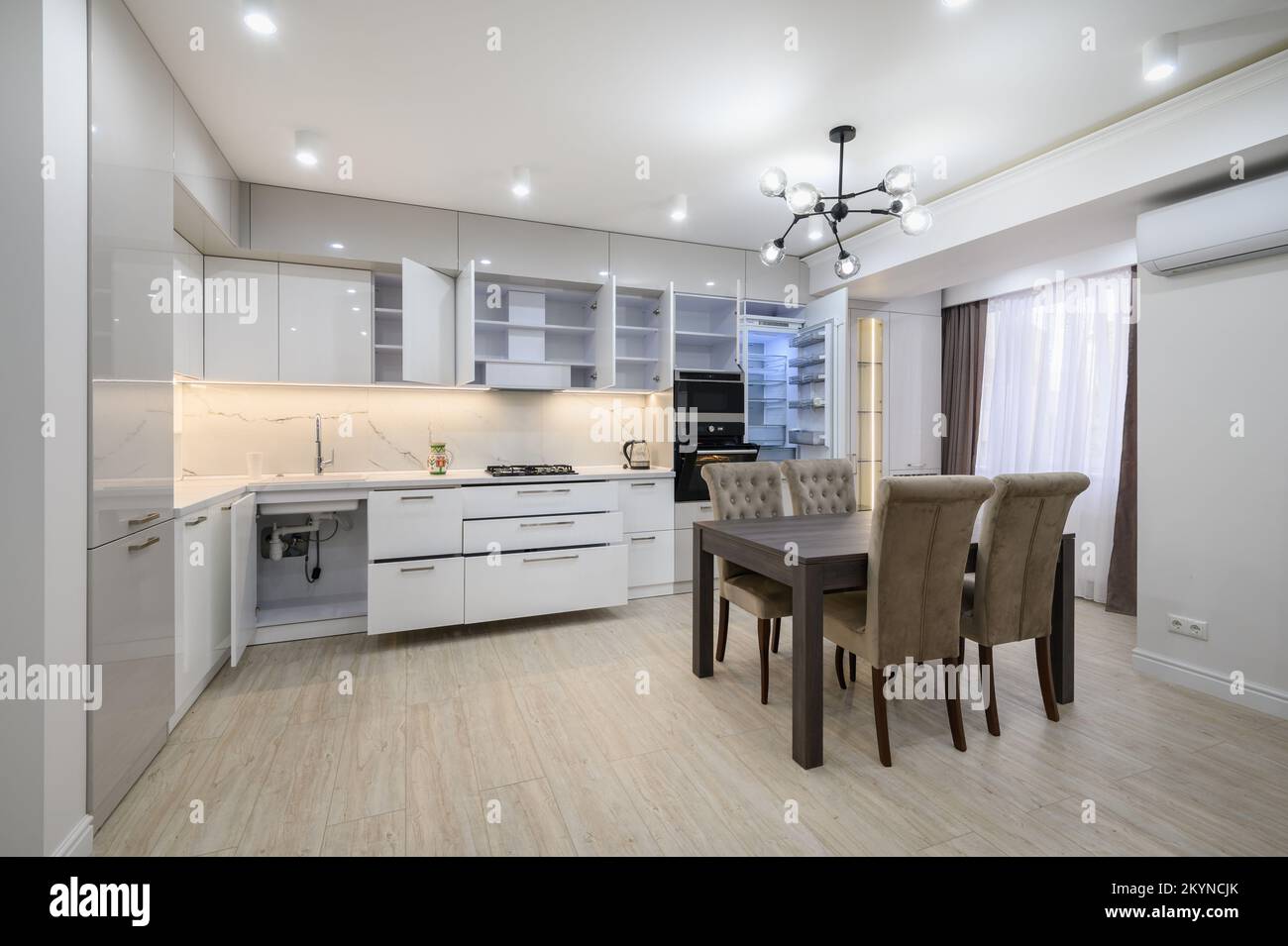 In interior furniture and room interior design with modern windows hi ...