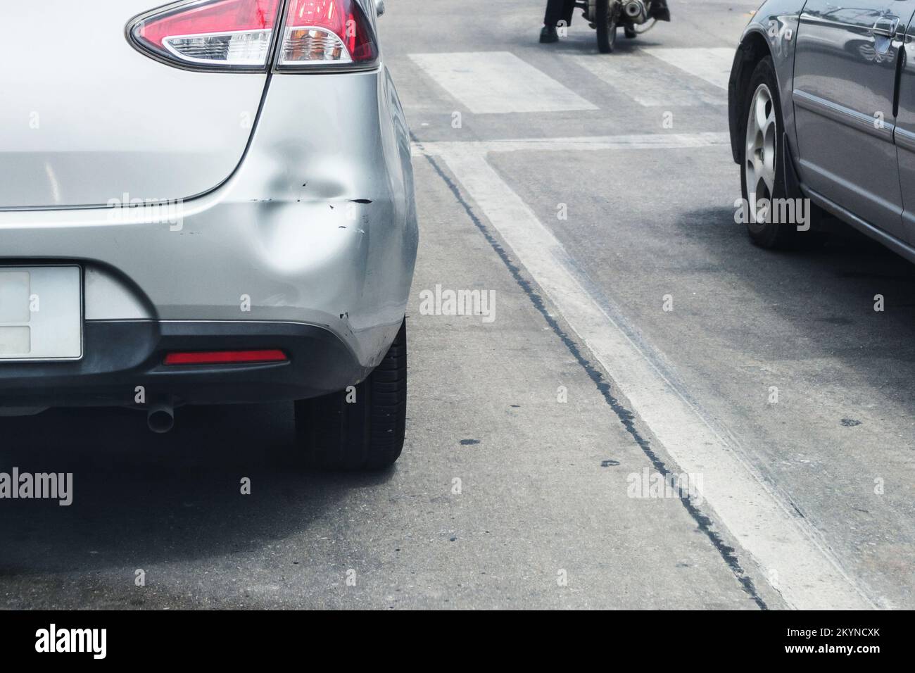 Backside of car has dented rear bumper damaged after accident on the ...