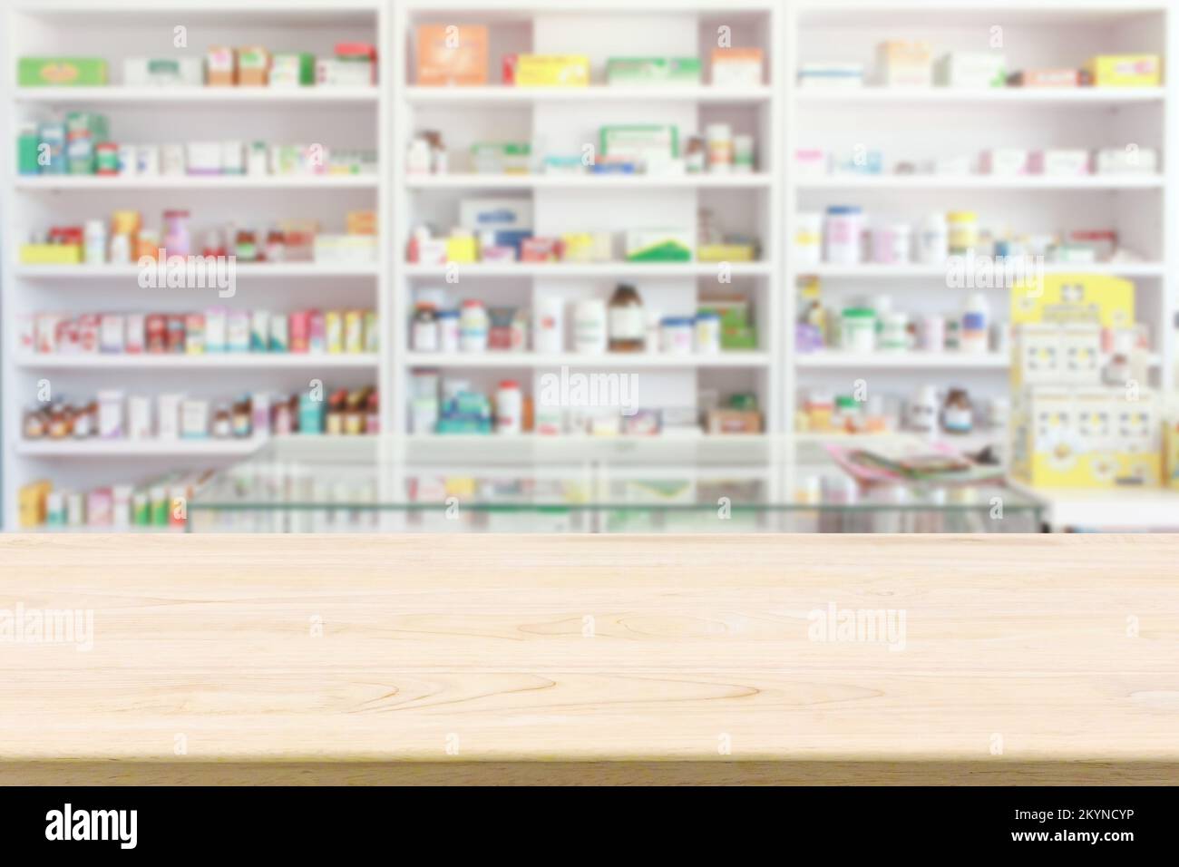 Pharmacy drugstore counter table with blur abstract backbround with ...