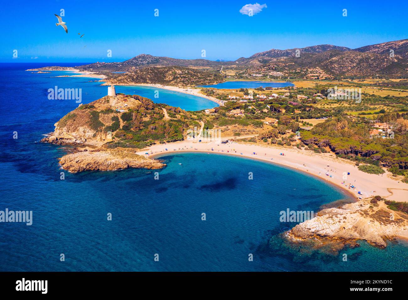 Torre di Chia view from flying drone. Acropoli di Bithia with Torre di ...