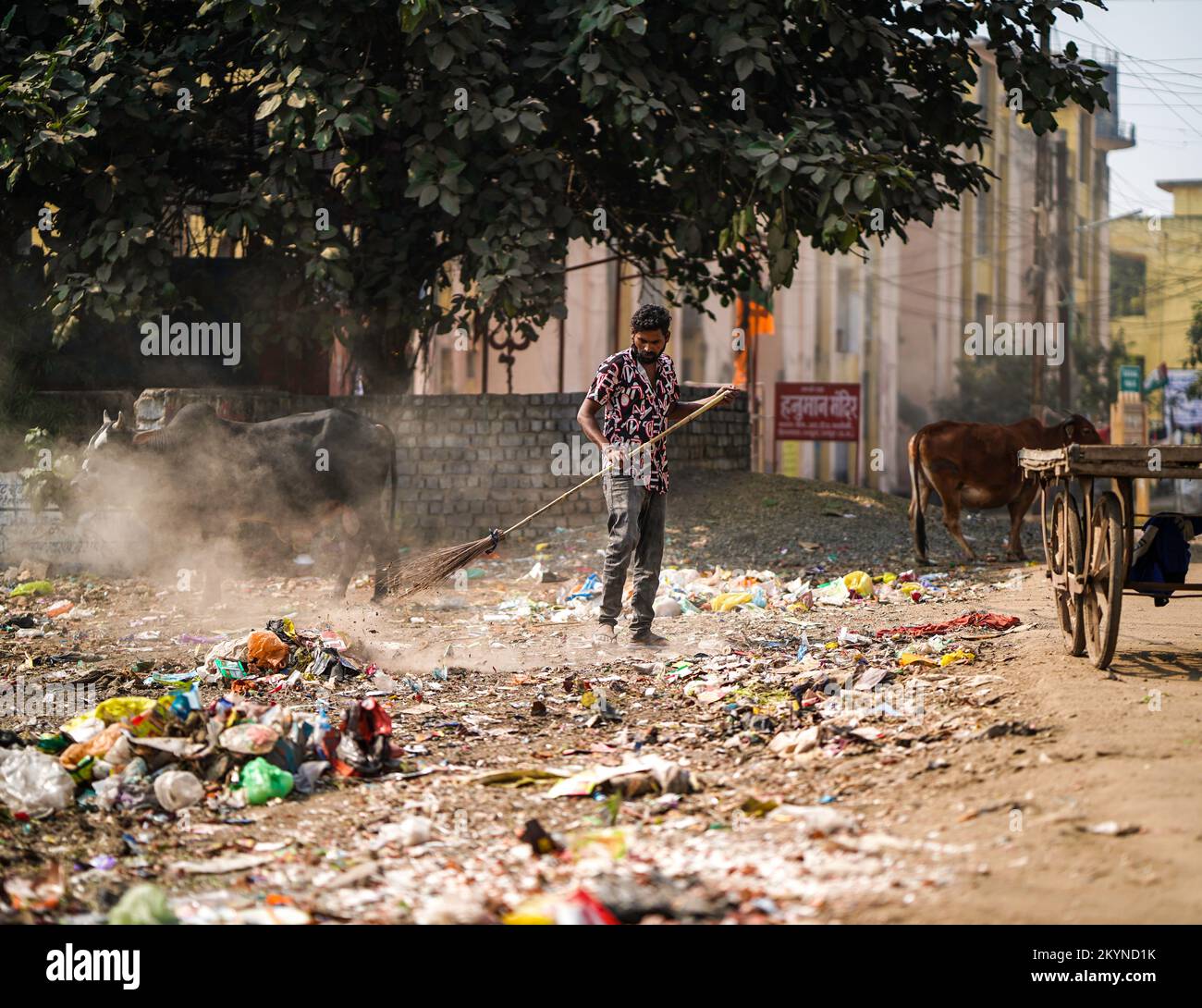 December, 2022, Raipur, India: Man sweeping the trash with broom and ...