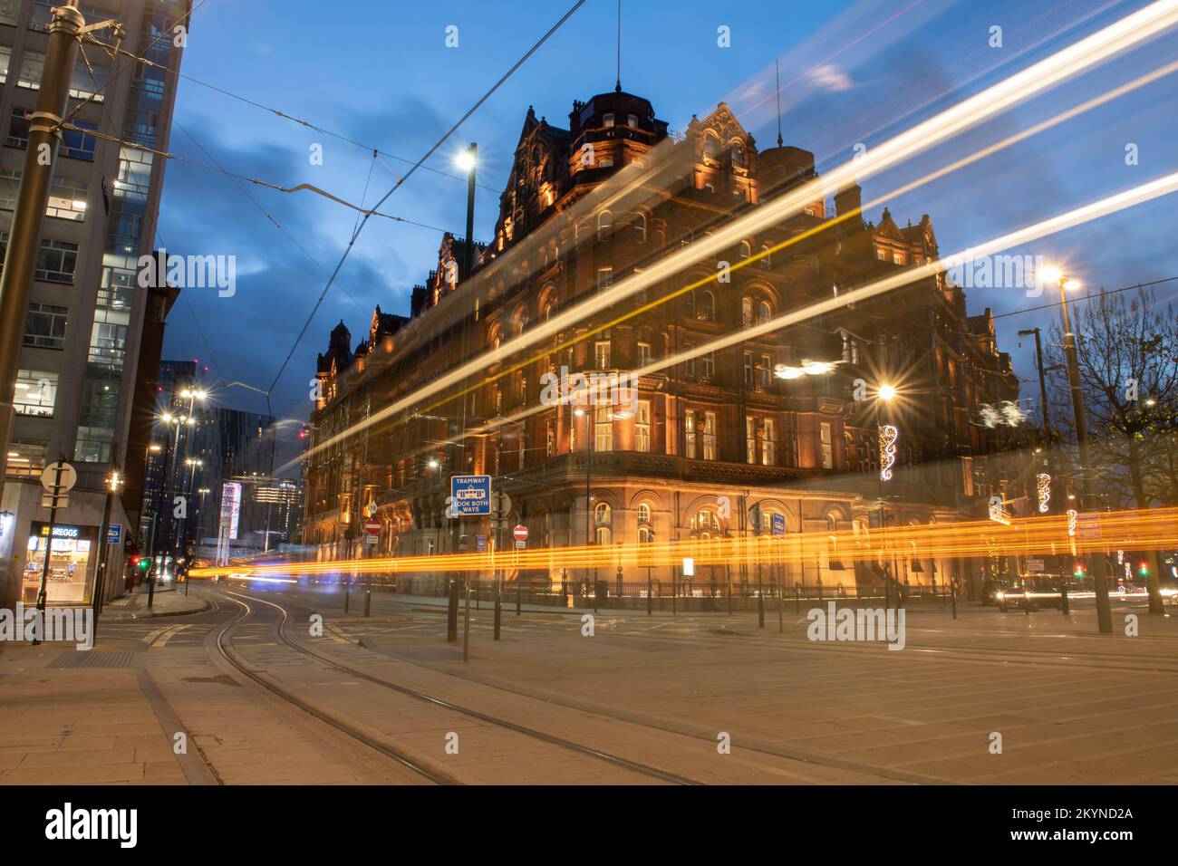 Light trails from the Trams and traffic in front of the Midland Hotel ...