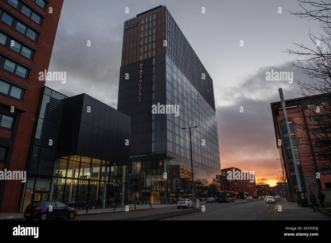 The Hyatt Regency Hotel at sunset on Booth Street West in Manchester ...