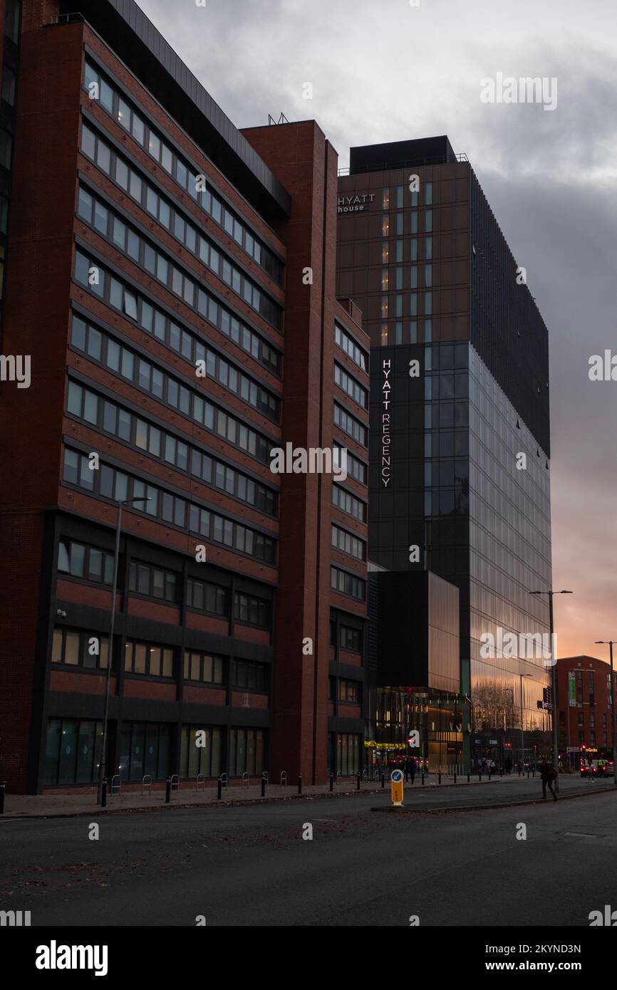 The Hyatt Regency Hotel at sunset on Booth Street West in Manchester ...