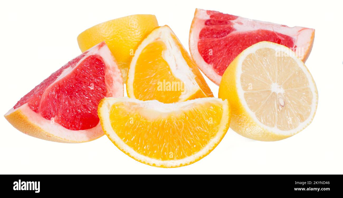 Fruit composition. Group of citrus: orange, lemon, grapefruit slices on ...