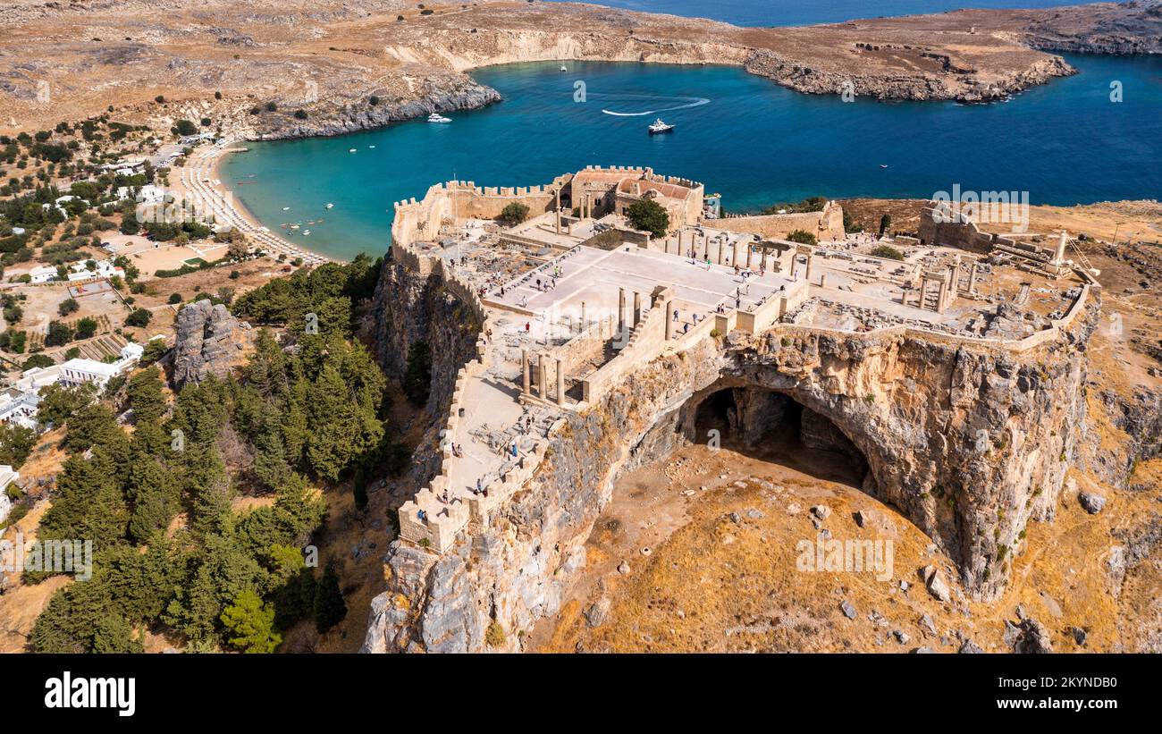 Ruins of Acropolis of Lindos view from above, Rhodes, Dodecanese ...