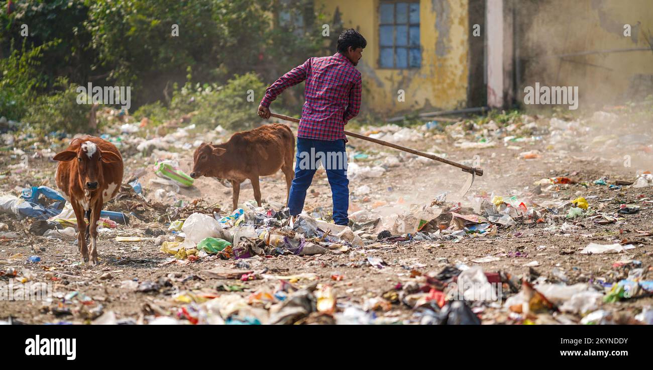 Man sweeping the trash with broom and polyhthene big garbage area, Man ...