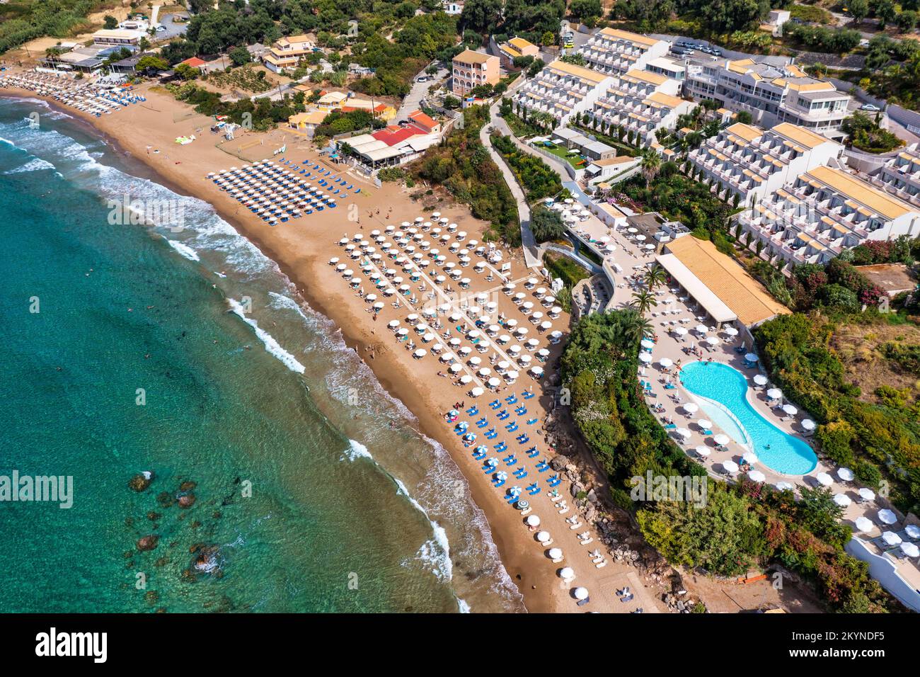 Aerial drone view over western coast and Glyfada beach, Island of Corfu ...