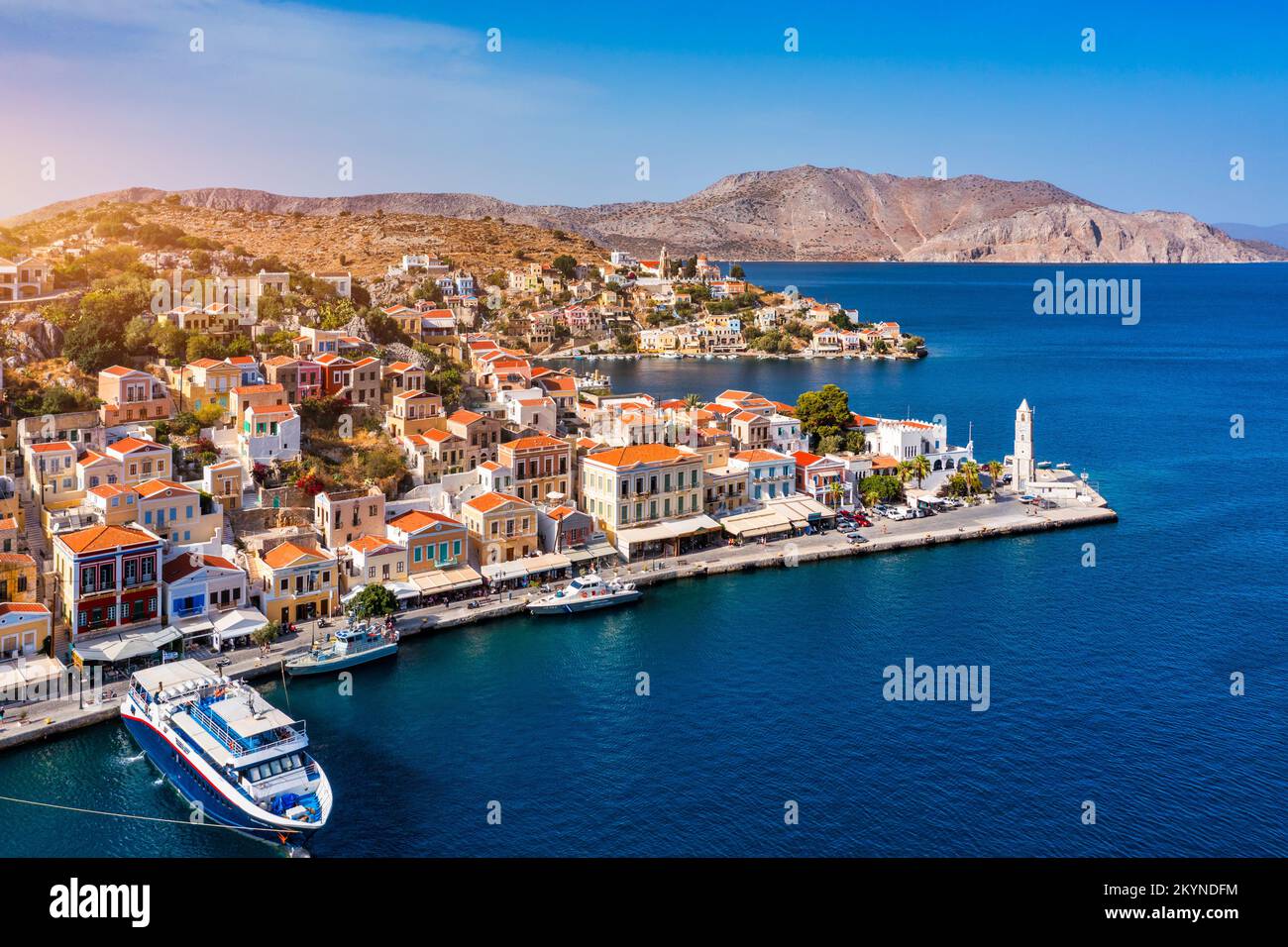 Aerial view of the beautiful greek island of Symi (Simi) with colourful ...