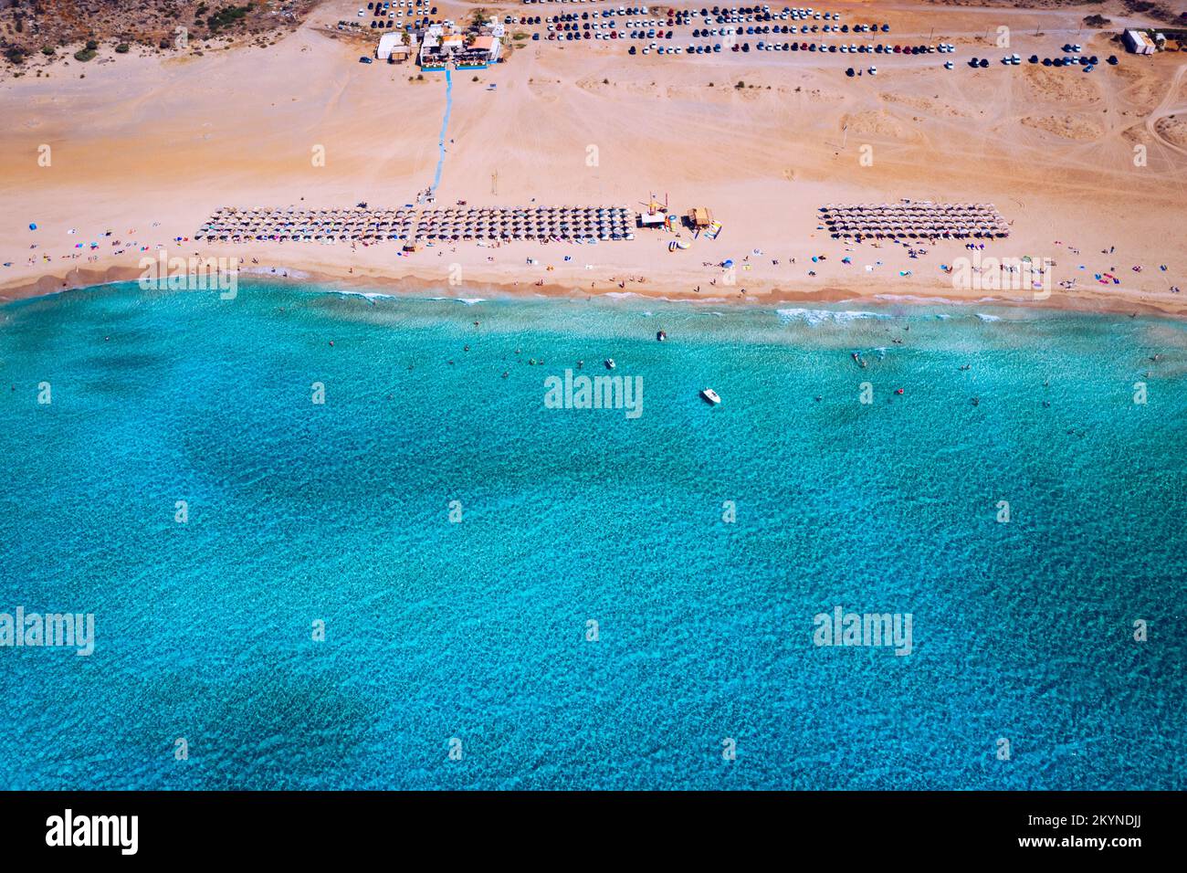 Aerial shot of beautiful turquoise beach Falasarna (Falassarna) in ...