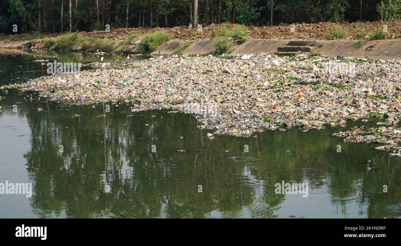 Pollution control day, plastic and garbage polluted river, waste ...