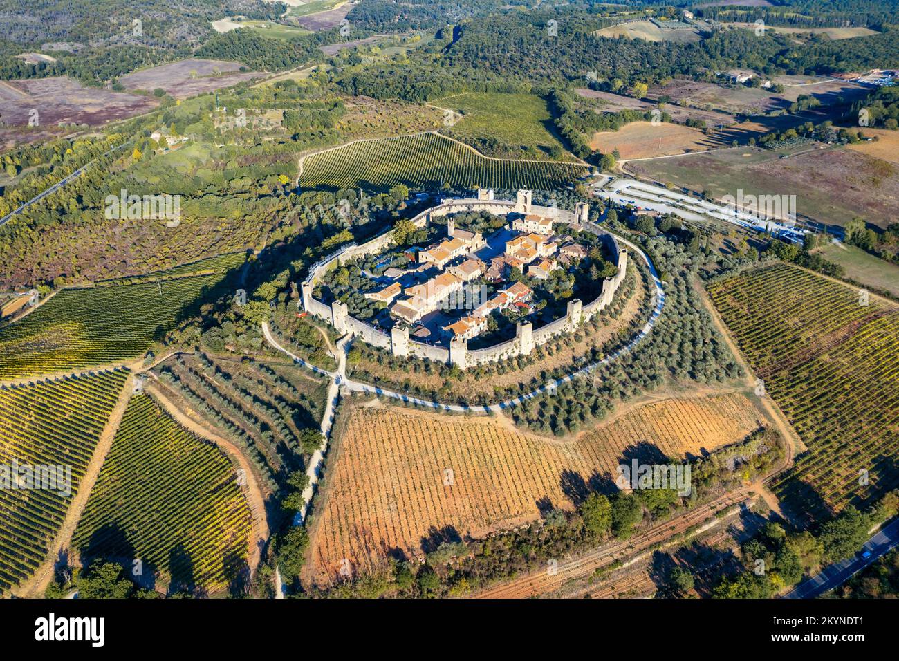 Beautiul aerial view of Monteriggioni, Tuscany medieval town on the ...