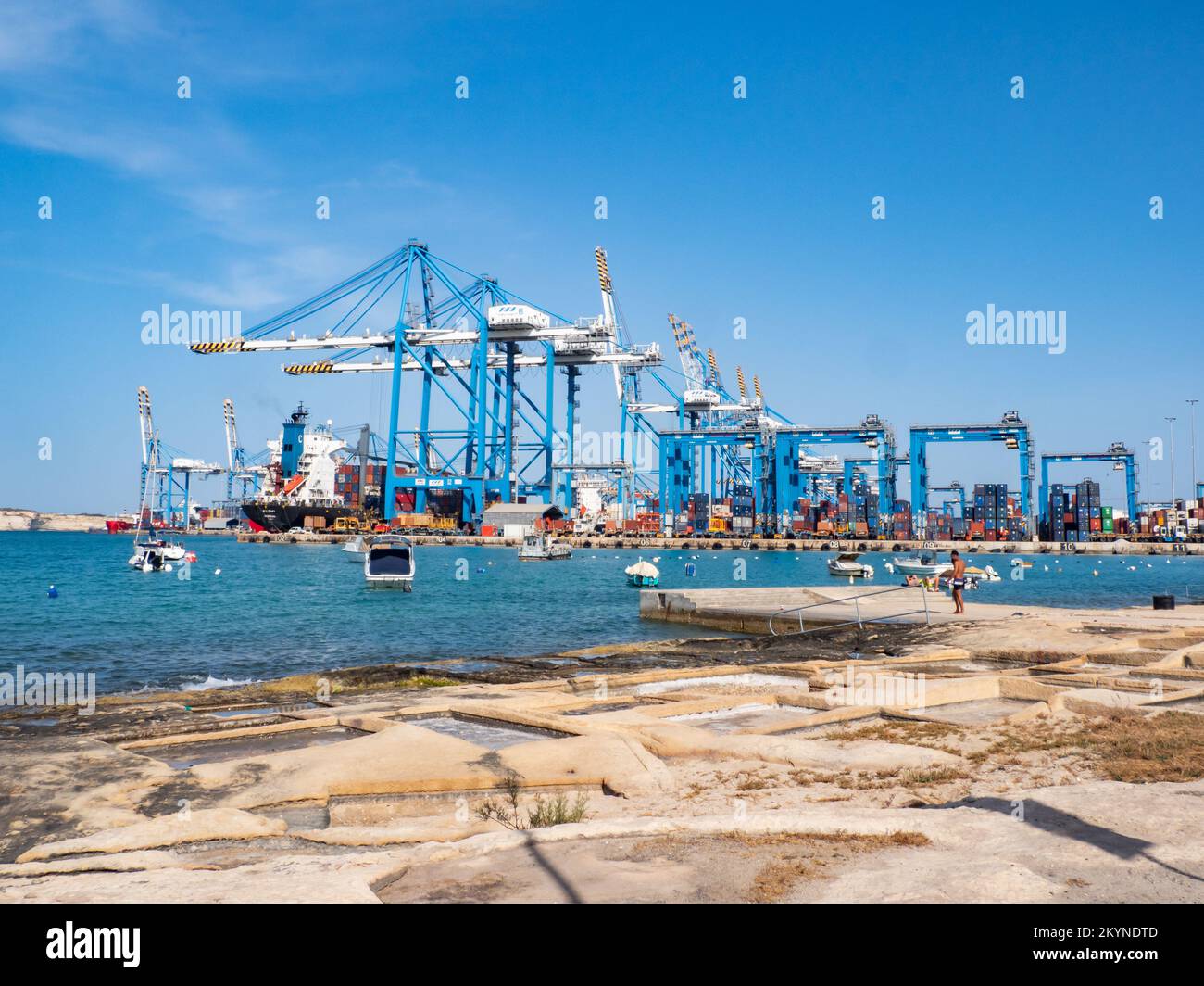 Birzebbuga, Malta - May, 2021: Harbor with cranes, ships and cargo in ...