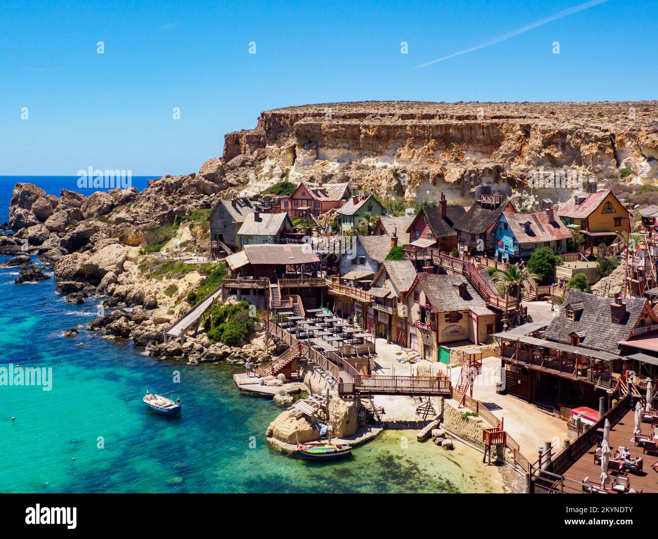 Mellieha, Malta - May, 2021: Popeye village in Malta. It is a film set ...