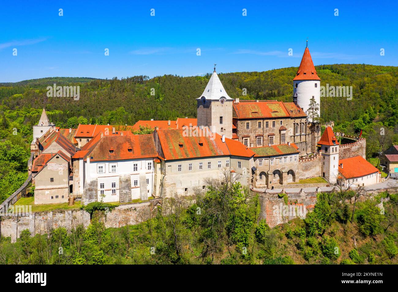 Aerial view of castle Krivoklat in Czech republic, Europe. Famous Czech ...